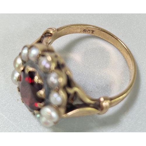 9ct gold pearl and ruby cluster ring. 4.3g approx. Size L 1/2. (B.P. 21 ...