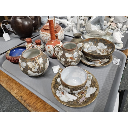 Tray of mainly Japanese porcelain items to include: Kutani bottle vase ...
