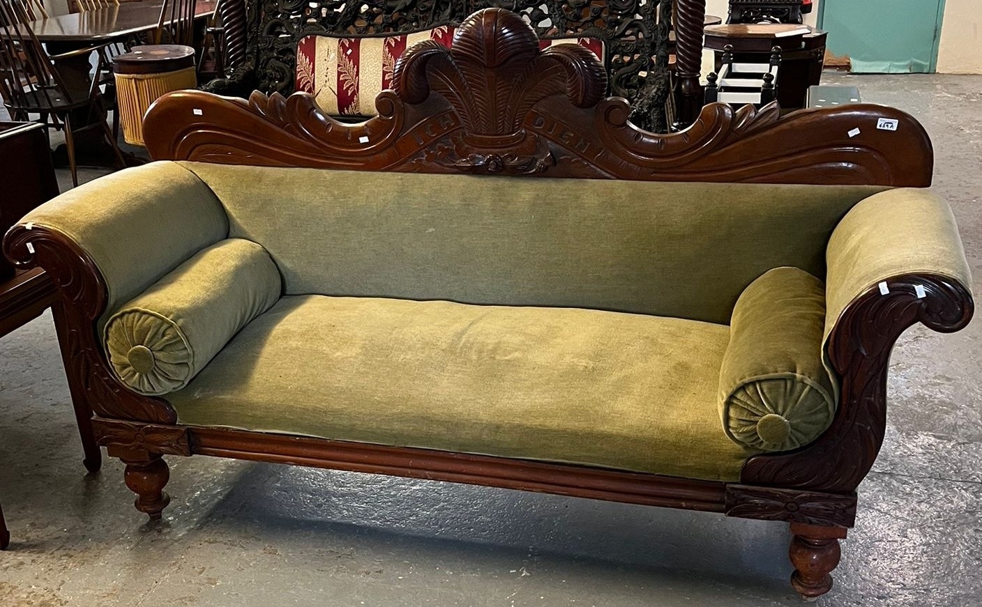 Victorian mahogany scroll end double sofa, the carved back with Three ...