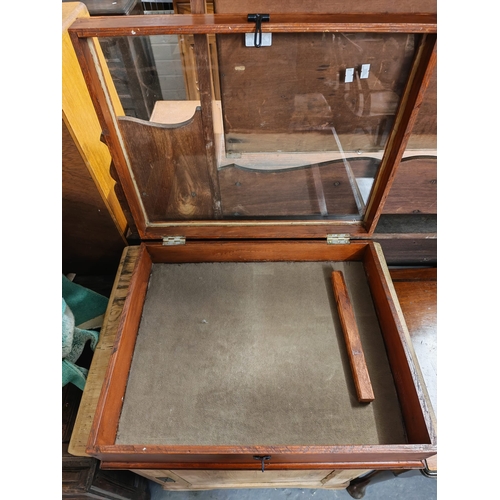 Glazed pine table top display case with hinged lid. 52cm wide approx ...
