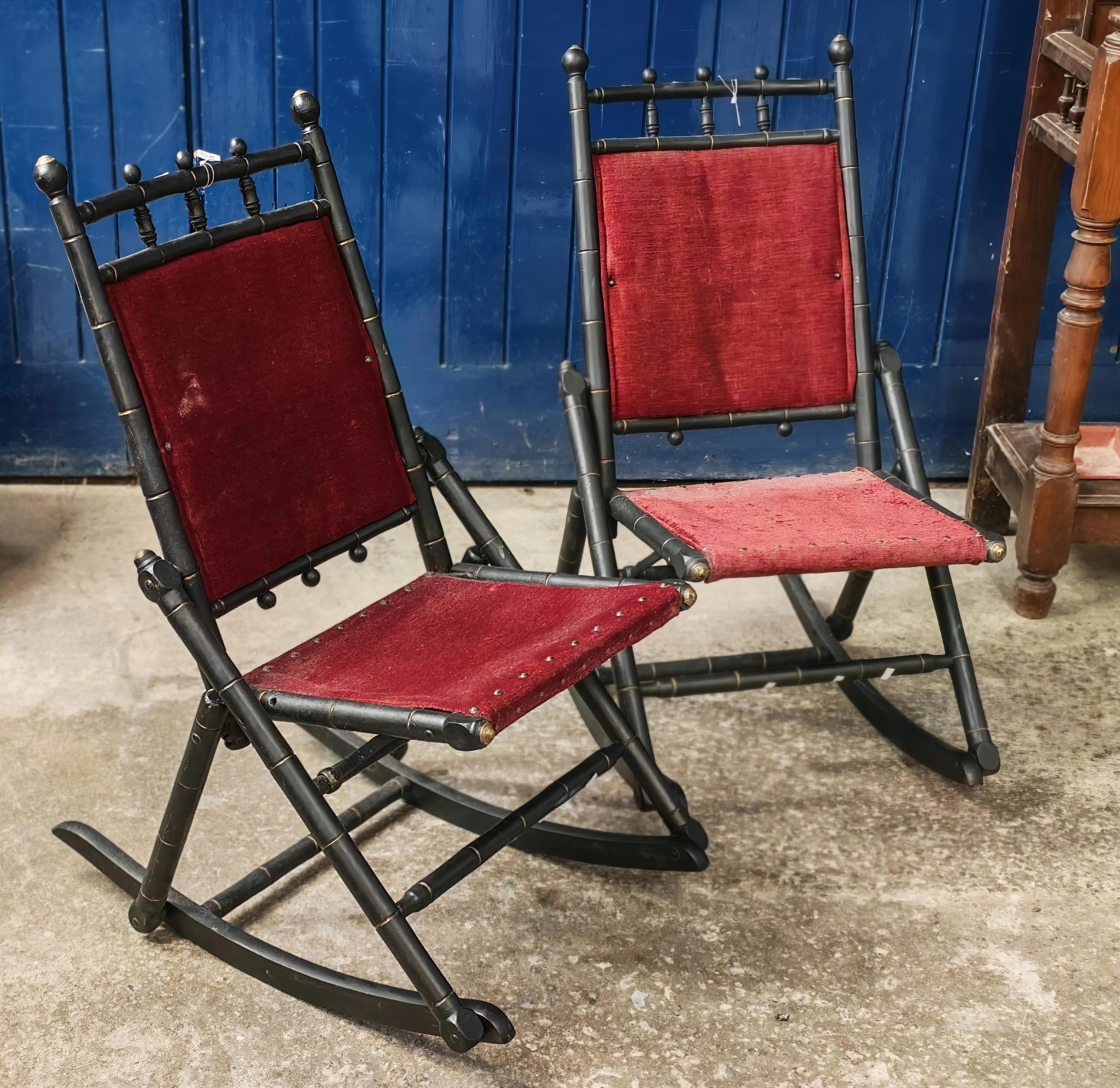 Pair of Edwardian simulated bamboo rocking garden chairs with fabric ...