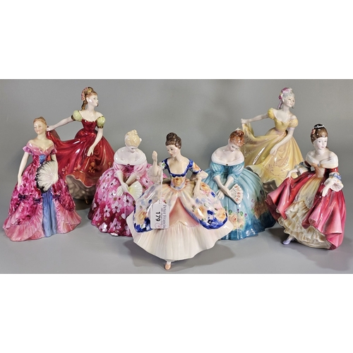 Seven Royal Doulton bone china figurines to include: 'Victoria ...