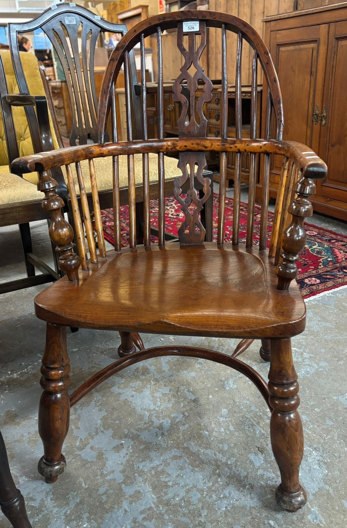 19th century yew and elm splat backed Windsor elbow chair with moulded ...