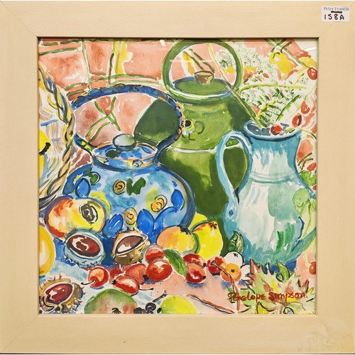 Penelope Simpson, still life study of fruits, teapots & jug. Framed and ...