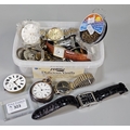 Plastic tub of pocket watches, pocket watch parts, dress watches etc ...