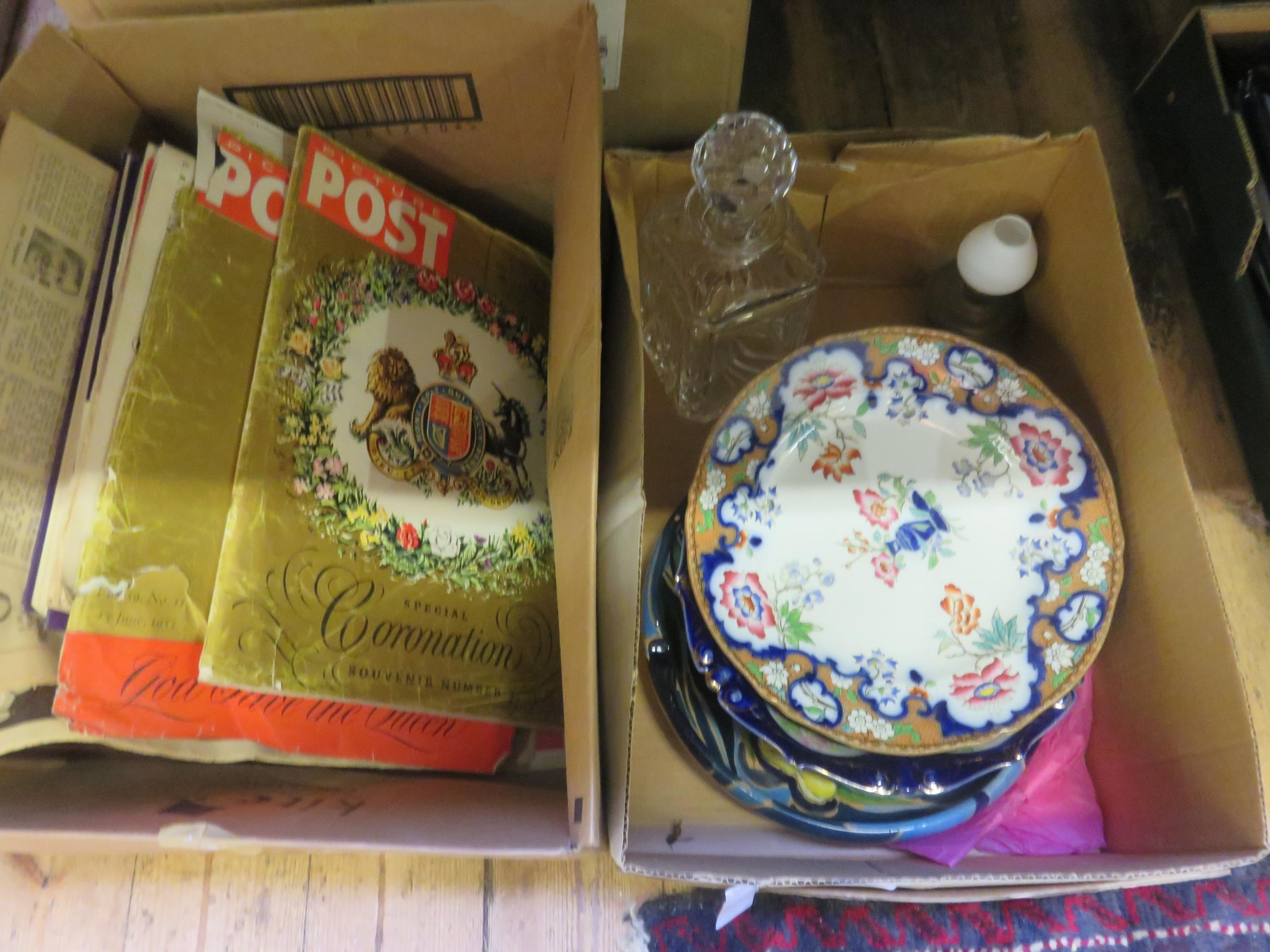 Two boxes containing Plates, Royalty items, Decanter and Pictures
