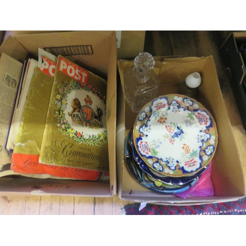 Two boxes containing Plates, Royalty items, Decanter and Pictures