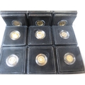 Nine various boxed Miniature Gold Coins 5 Quarter Sovereigns, 4 1/8 ...