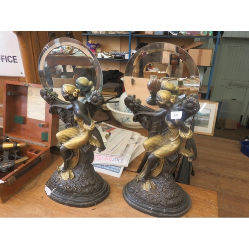 Pair of Art Deco type Gilt and Bronzed Figural Mirrors on Marble Bases