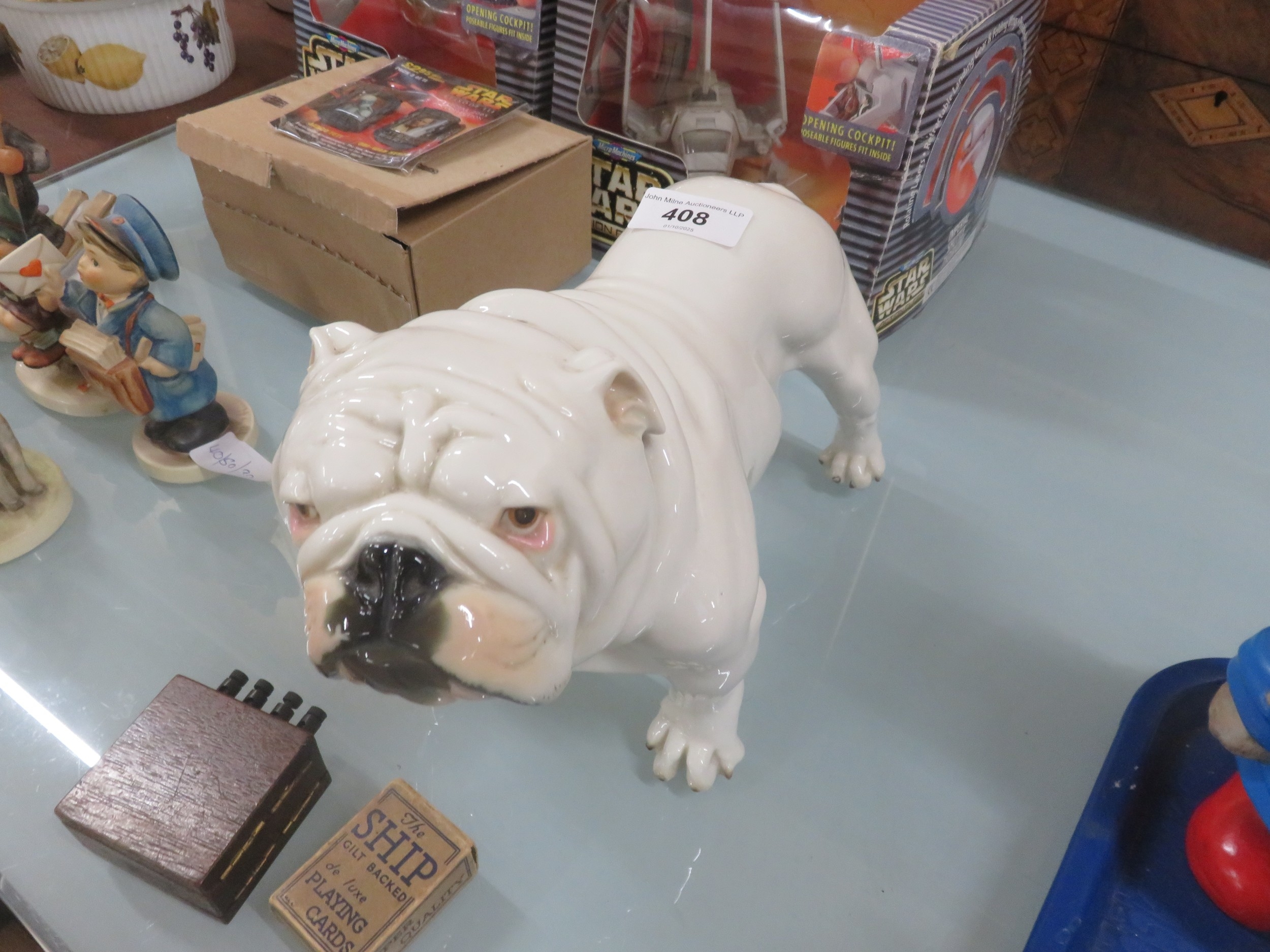 Nymphenburg Bulldog Figure, Midget Wireless Set and pack of cards