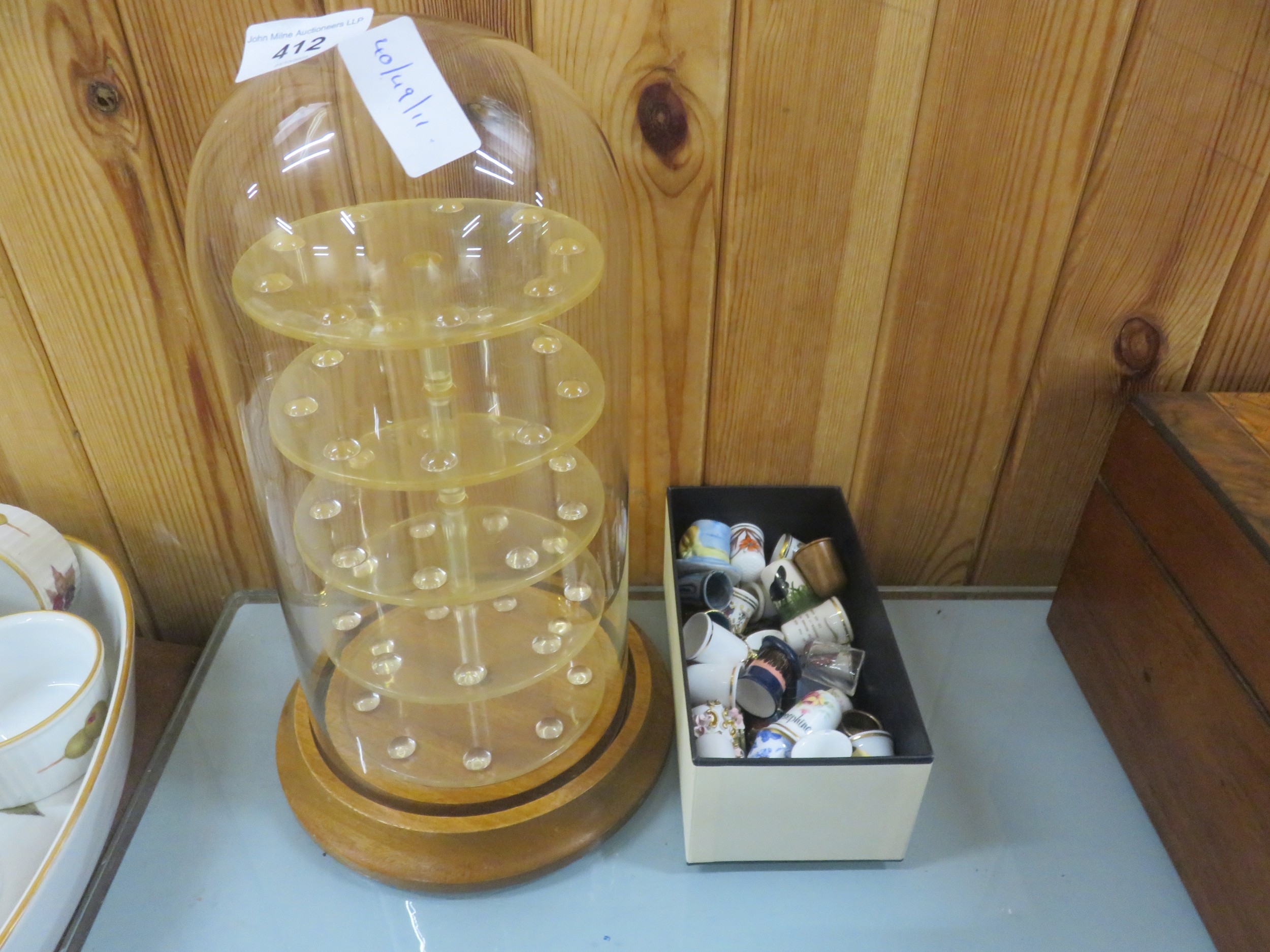 Small box of various Thimbles and Glass Dome Thimble Holder