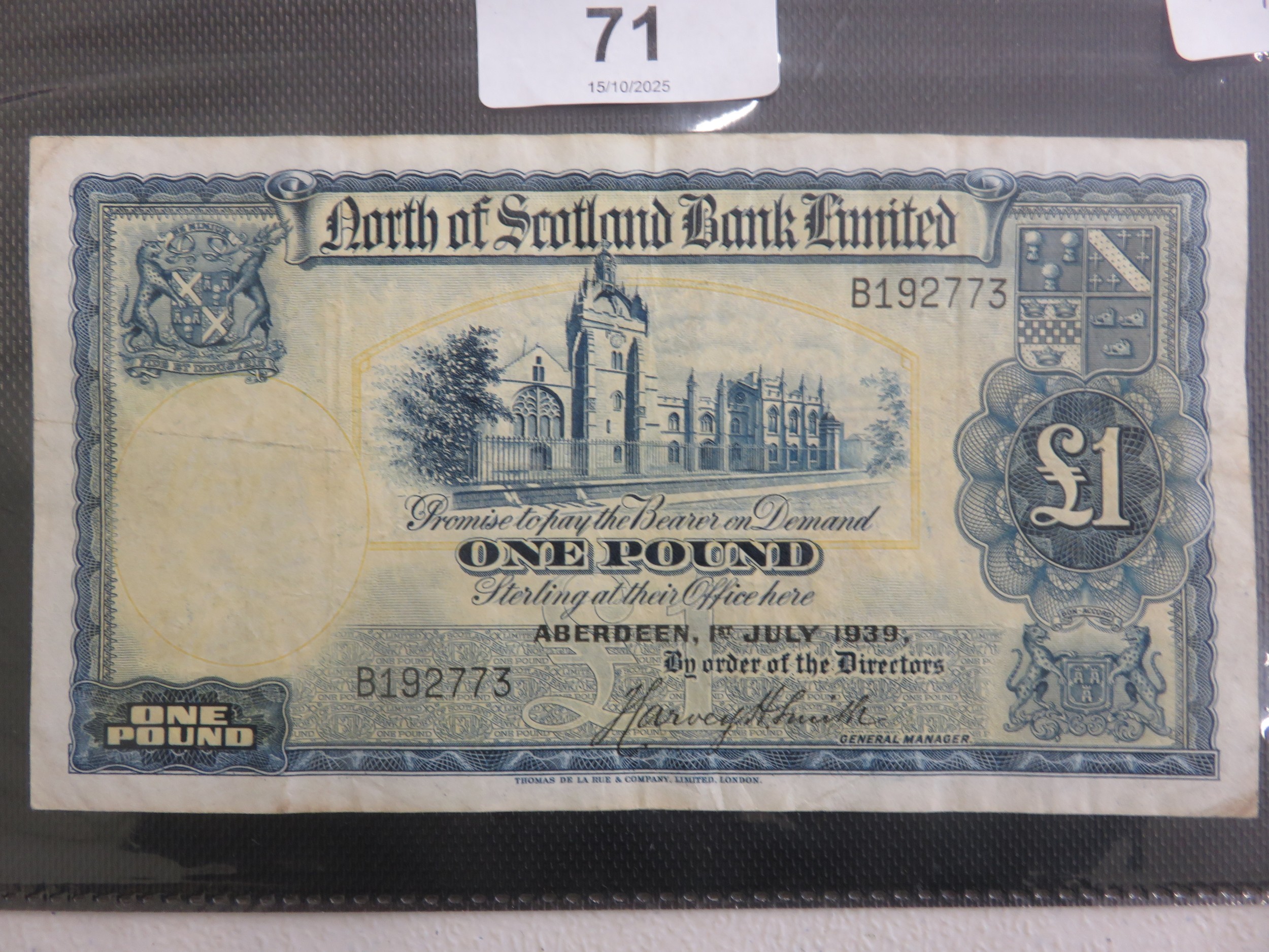 North of Scotland Bank Ltd £1 Note - 1st July 1939
