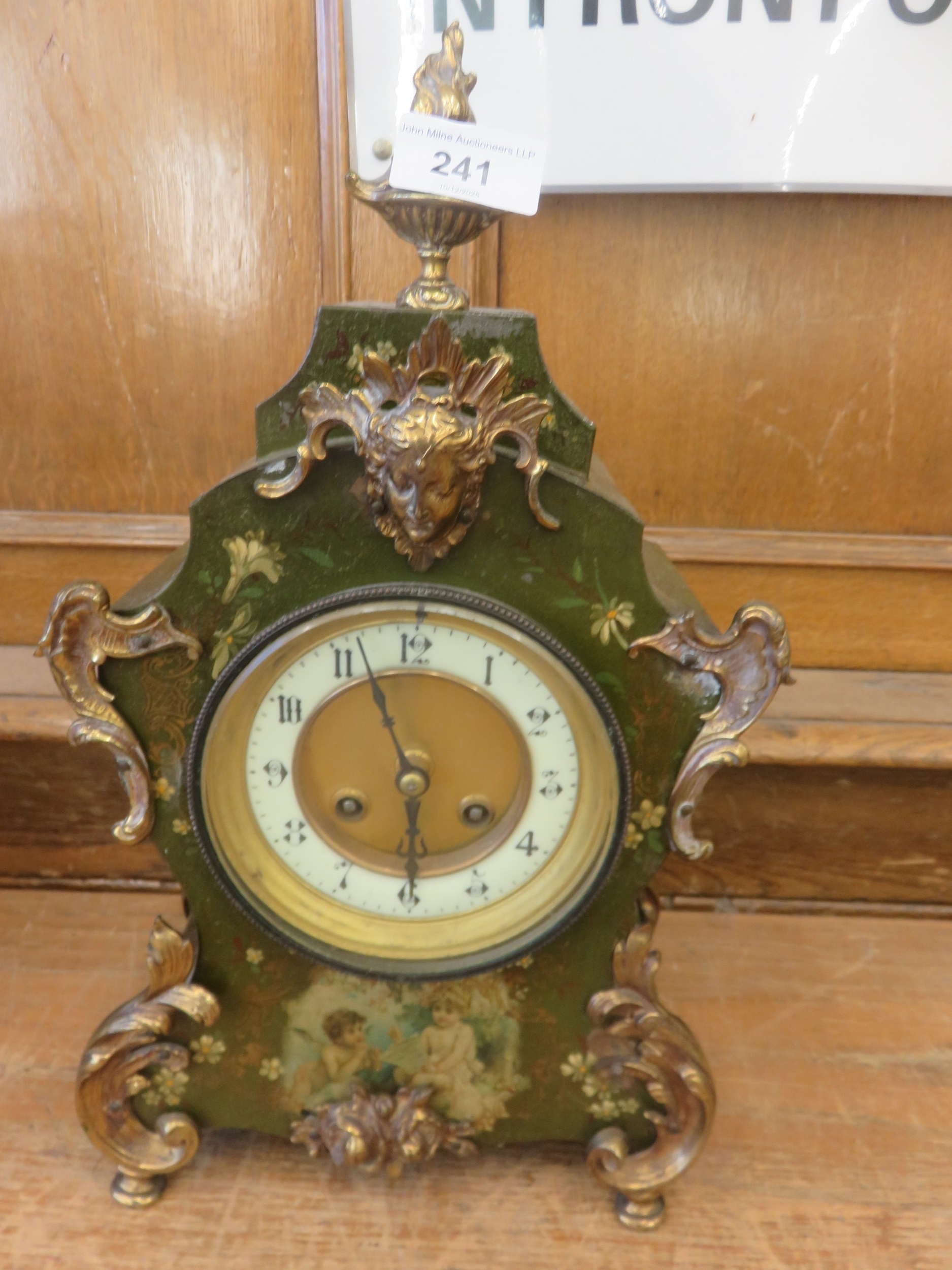 Floral Decorative Mantel Clock on Green Ground