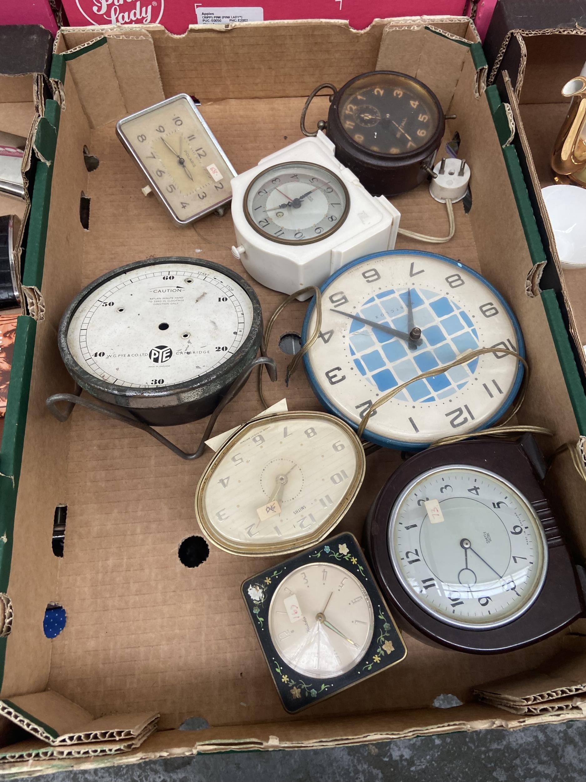 Box containing clocks including Smiths, PYE and Westclox