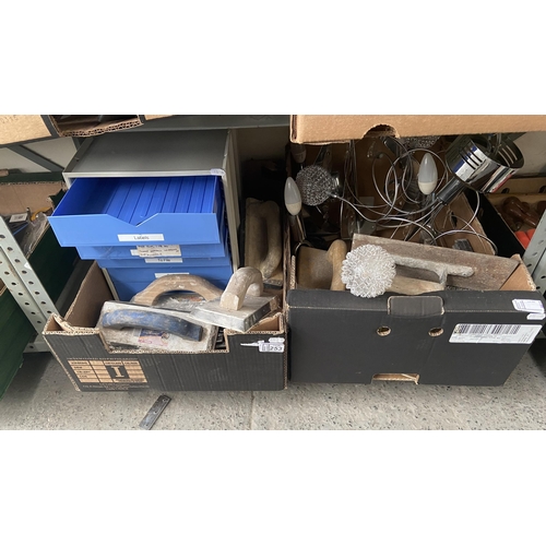 2 Boxes containing tools, light fittings, ground floats etc