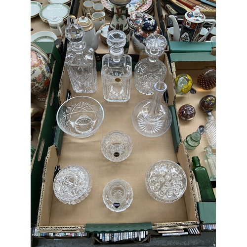 Box containing decanters and cut glass bowls including Edinburgh Crystal