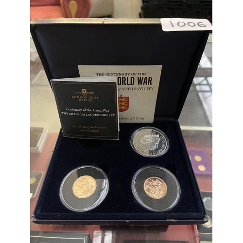 Cased WW1 Centenary coin set: 1914 & 2014 sovereigns and a silver £5 ...