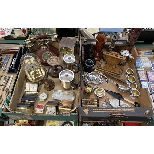 2 Boxes containing a rotary telephone, treen and curios