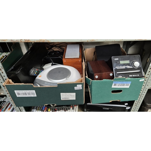 2 Boxes containing assorted electronics including stereo systems, speakers, Freeview box etc