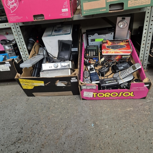 2 Boxes containing assorted electronics including Samsung video camera etc