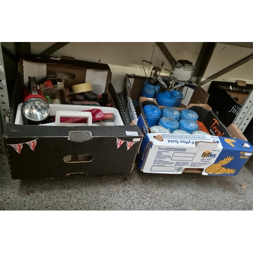 2 Boxes containing tools, and butane camping canisters