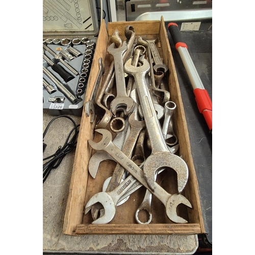 Box containing assorted large spanners etc