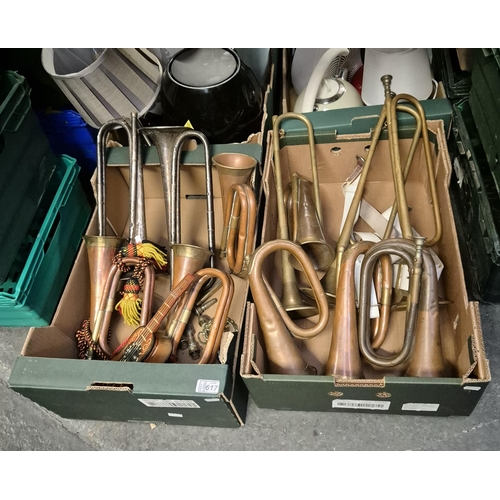 2 Boxes containing musical instruments and mouth pieces including trombones
