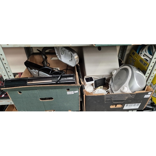 2 Boxes containing assorted electronics including Humax freesat box (PVR-9300T)