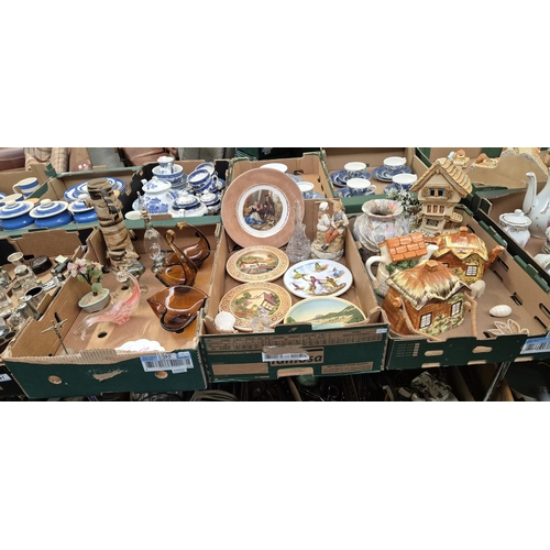 3 Boxes containing art glass, Pendelfin house and cottage ware etc
