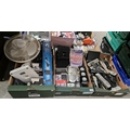 3 Boxes containing assorted electronics including remote controls, Honeywell fan etc