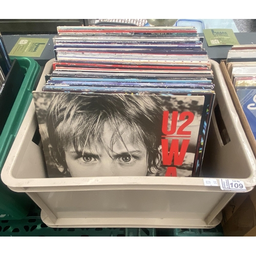 Box containing LPs including Def Leppard, Alice Cooper and Michael Jackson