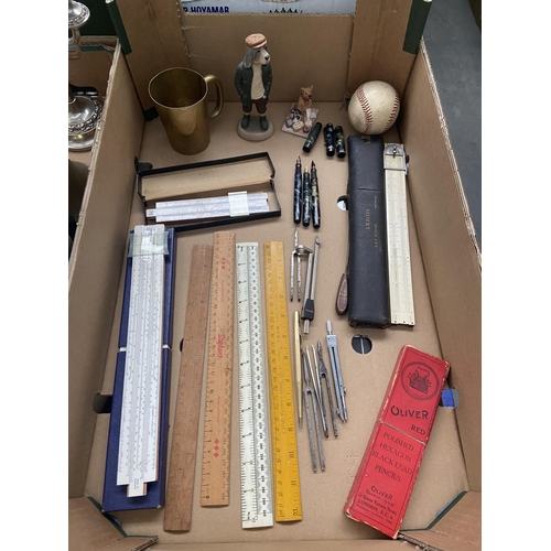Box containing slide rules, 2 14ct gold nib Swan fountain pens and an ...
