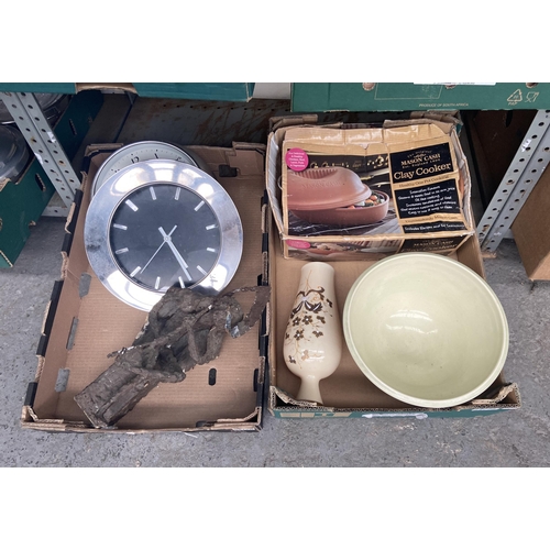 2 Boxes containing clocks, a Mason clay cooker an unusual figure etc