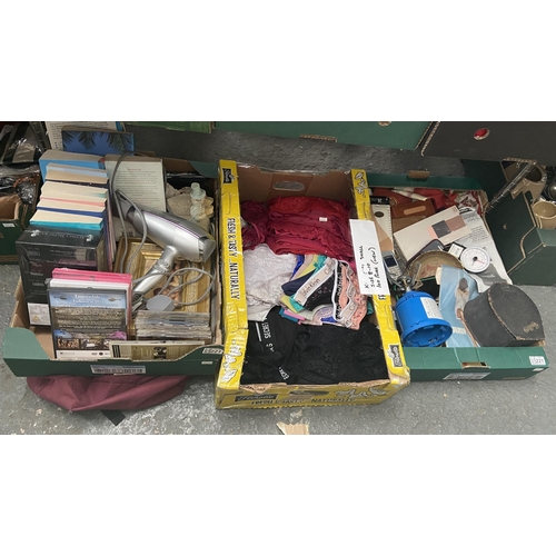 3 Boxes containing assorted items, a Burnley FC bag, and a quantity of new ladies underwear