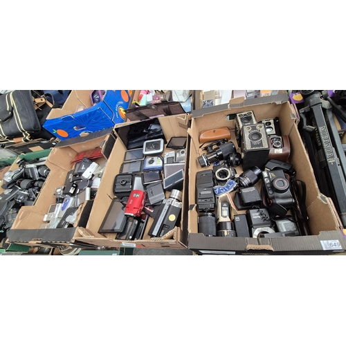 3 Boxes containing vintage cameras, lenses, digital cameras etc