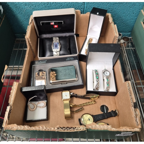 Box containing assorted watches, jewellery and a Hadson lighter