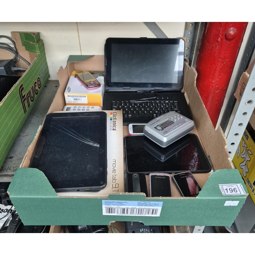 Box containing assorted electronics including mobile phones and tablets etc