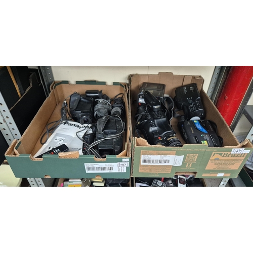 2 Boxes containing assorted video cameras including Panasonic and Canon