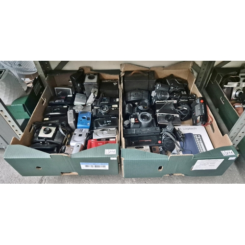 2 Boxes containing assorted vintage and digital cameras etc