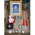 Box containing curios including a Splendex clock, coins and Chinese ...