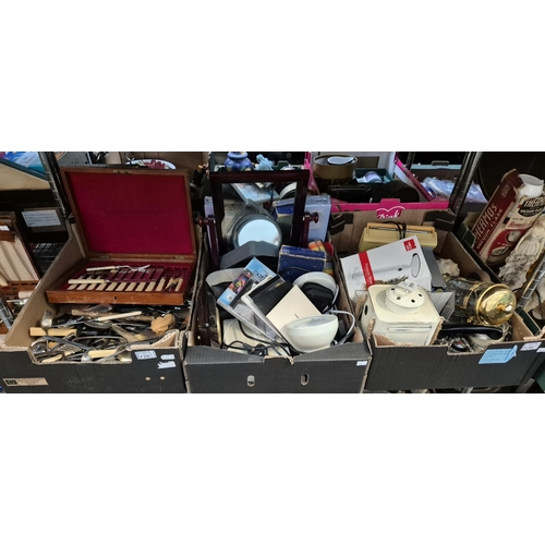 3 Boxes containing assorted household items including a canteen of cutlery
