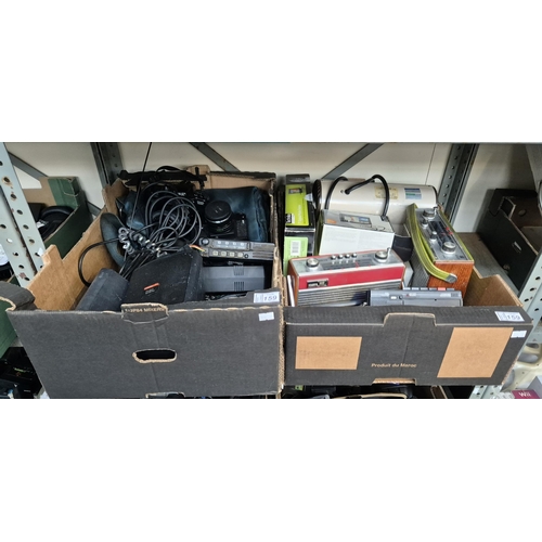 2 Boxes containing assorted electronics including cameras, Roberts radios, cassette recorders etc