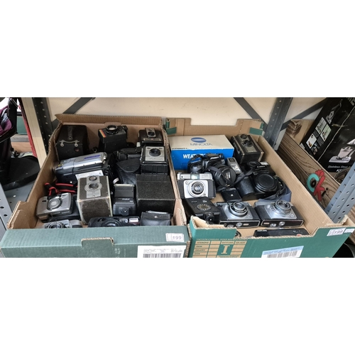 2 Boxes containing a quantity of vintage cameras, including Minolta and ...