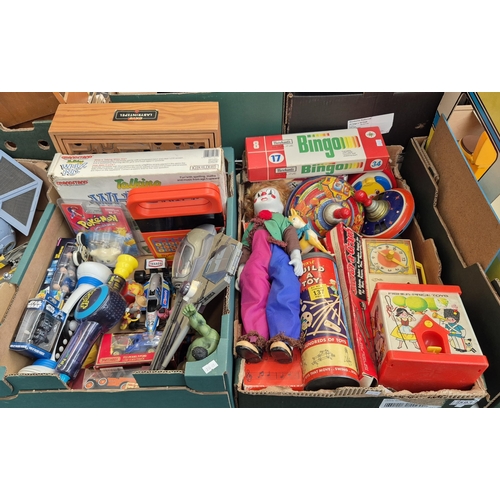2 Boxes containing assorted vintage toys including Fisher Price, Matchbox models, Pokemon etc