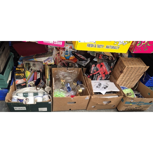 4 Boxes containing assorted glass and ceramics, wicker picnic basket, Slick 50 engine treatment etc
