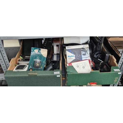 2 Boxes containing assorted electronics including Technics tuner (ST-HD51) wireless headphones etc