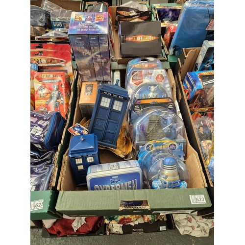 Box containing Doctor Who merchandise including 'Dalek Ironside'
