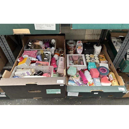 2 Boxes containing toiletries and cosmetics including Ted Baker