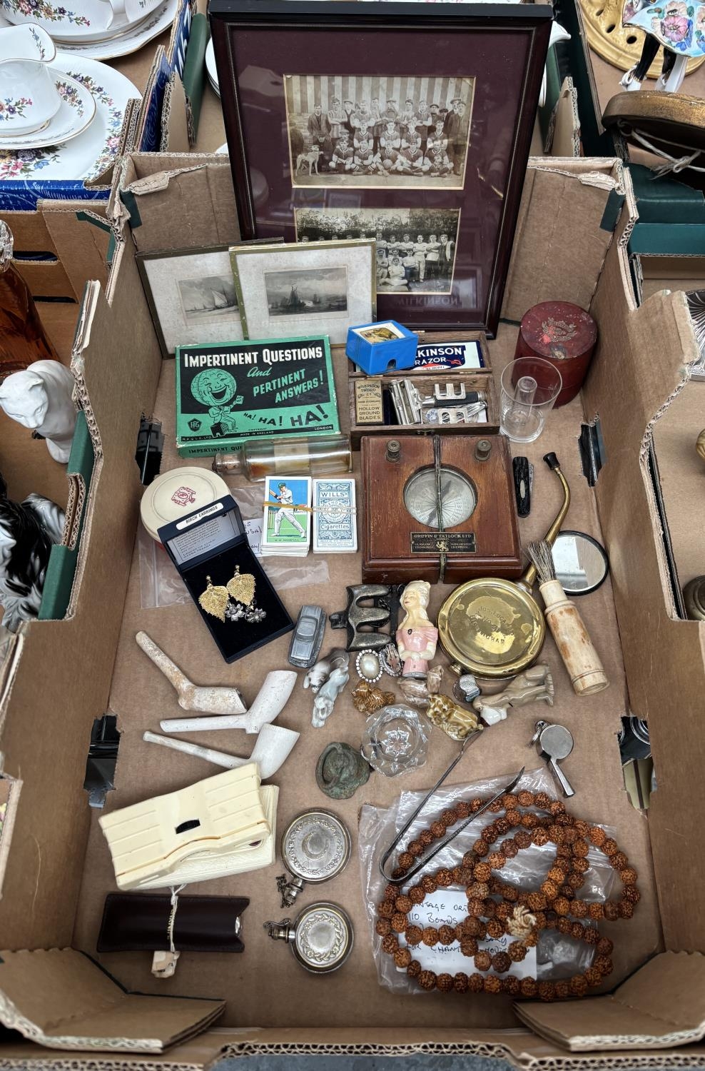 Box containing Victorian curios etc including vintage rosary beads ...