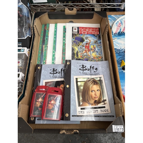 Box containing vintage comics, Top Trumps, and Buffy The Vampire script ...